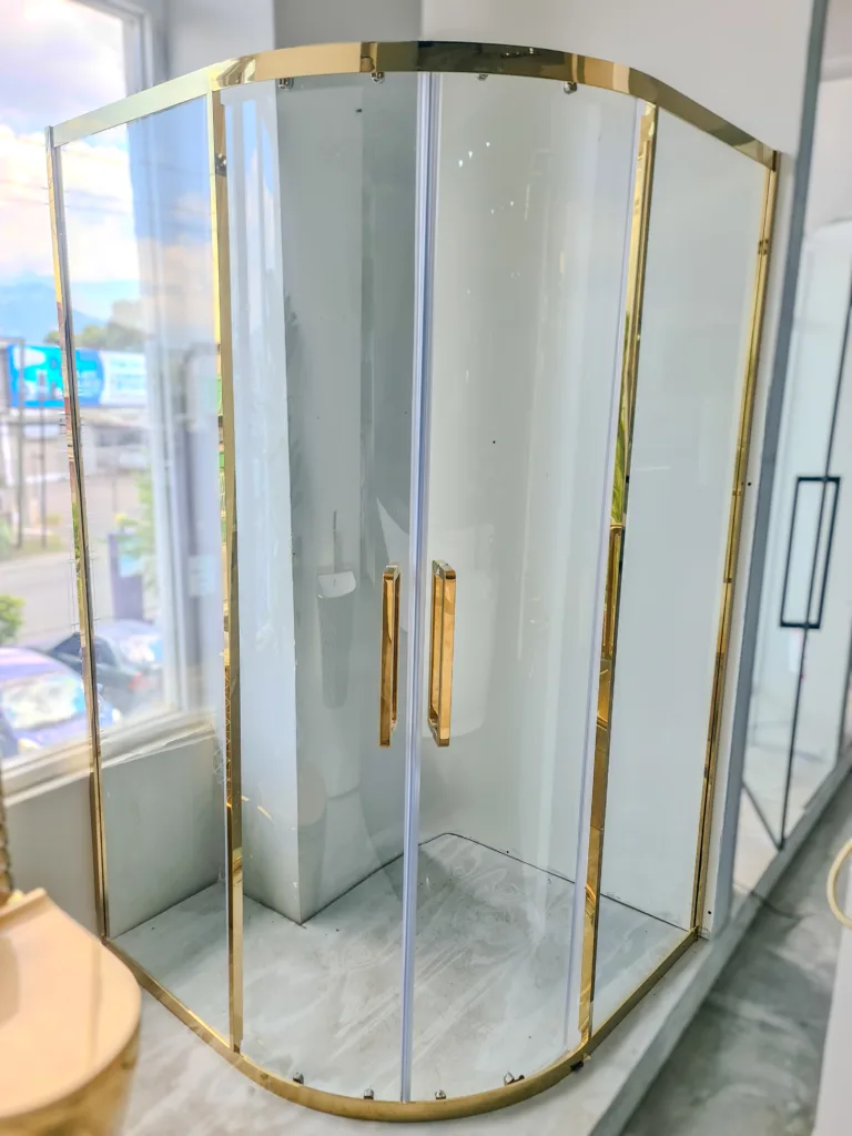 LUXURY GOLD FRAME SHOWER ENCLOSURE – MODERN CORNER GLASS DESIGN - Dunn's